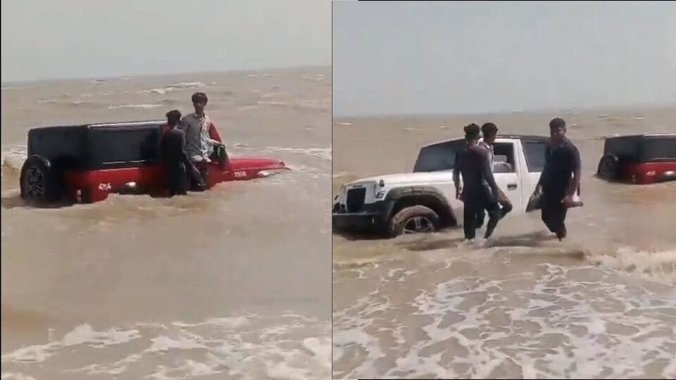 Mahindra Thar SUVs get stuck on sea beach in Gujarat after Insta reel ...