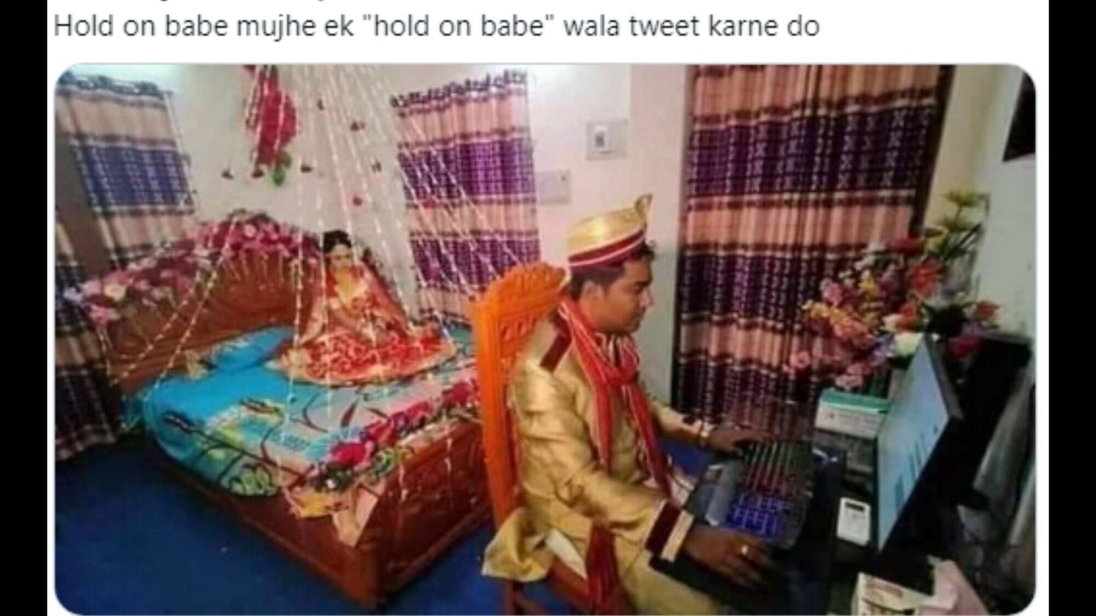 Groom uses computer as bride waits, pic prompts ‘Hold on babe’ meme ...