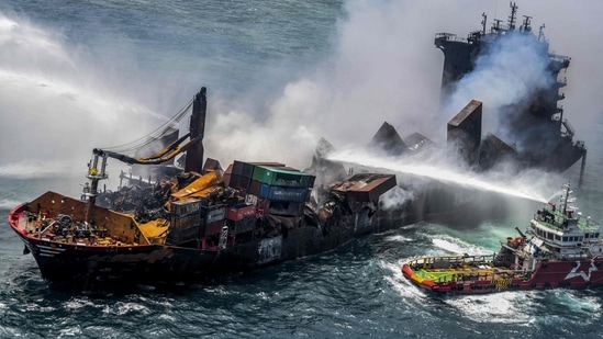Photos: Fire-stricken container vessel MV X-Press Pearl sinking off Sri ...