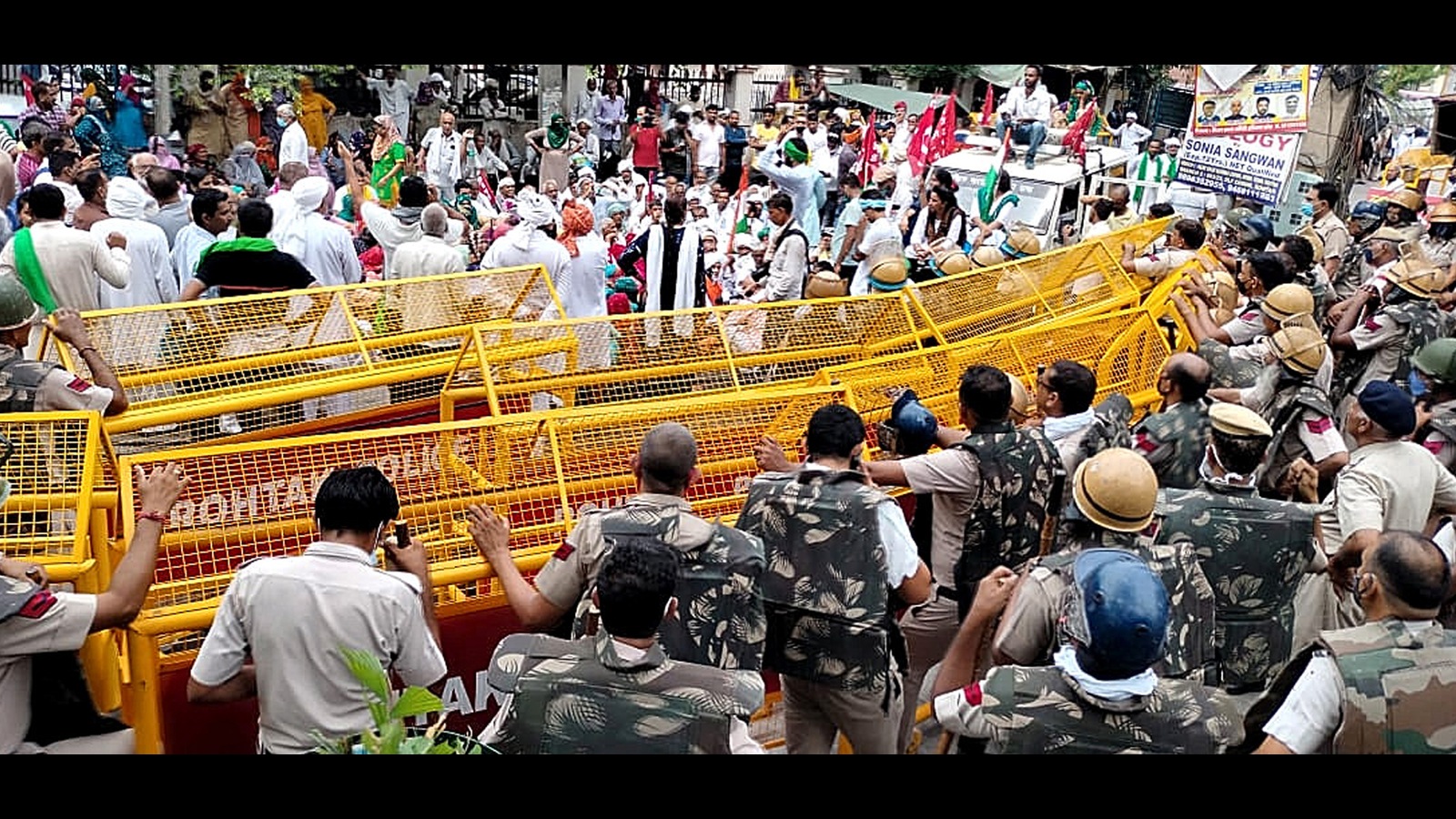 Farmers stage protest near BJP leader Manish Grover’s house in Rohtak ...