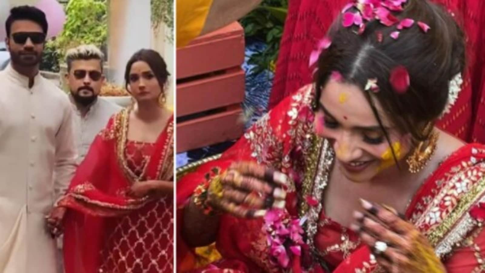 Ankita Lokhande dons red salwar kameez as she holds Vicky Jain's hand at haldi ceremony. Watch ...