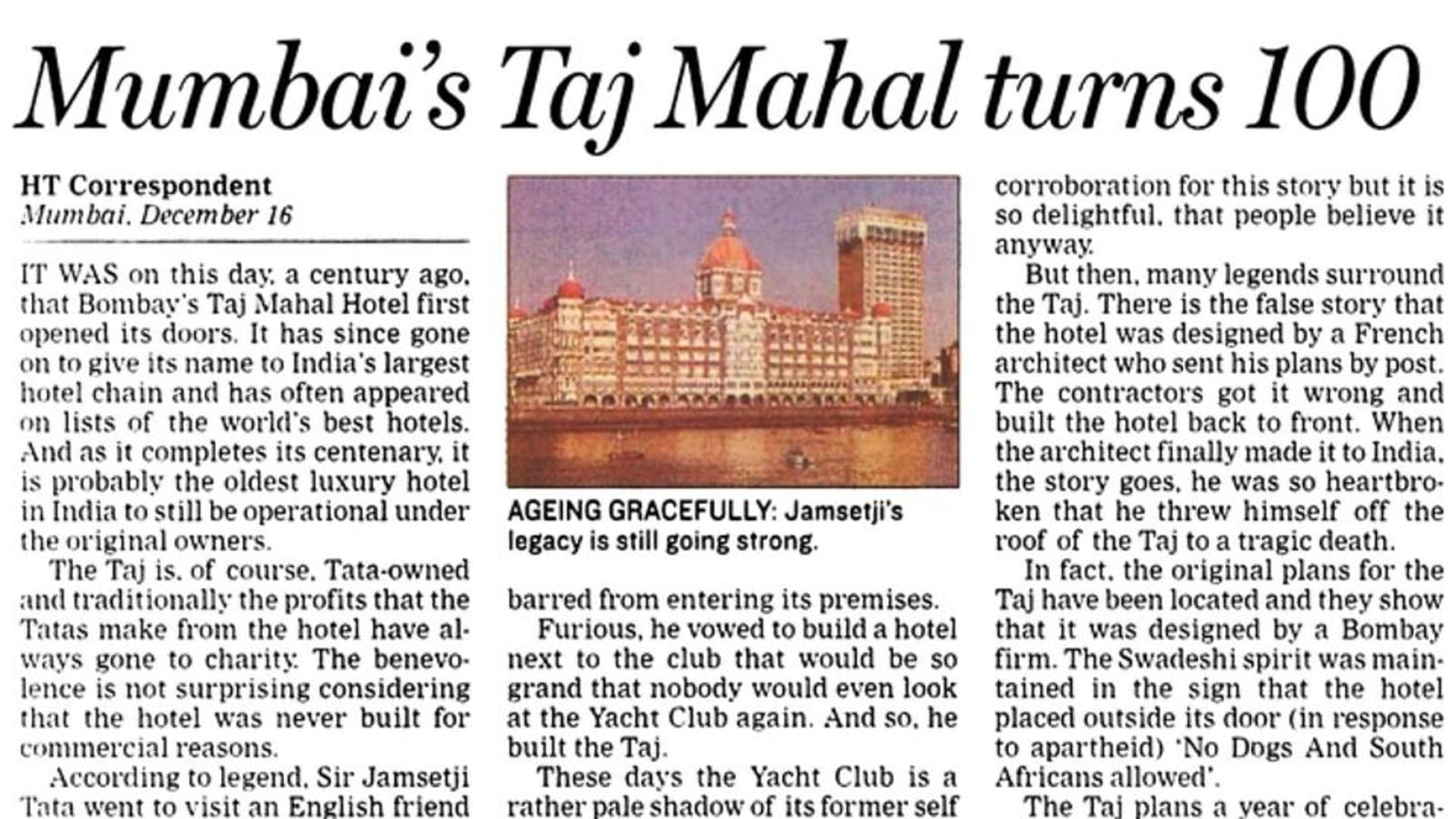 HT This Day: Dec 17, 2002: Mumbai’s Taj Mahal turns 100 | Latest News ...