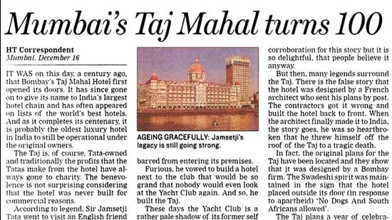 HT This Day: Dec 17, 2002: Mumbai’s Taj Mahal turns 100 | Latest News ...