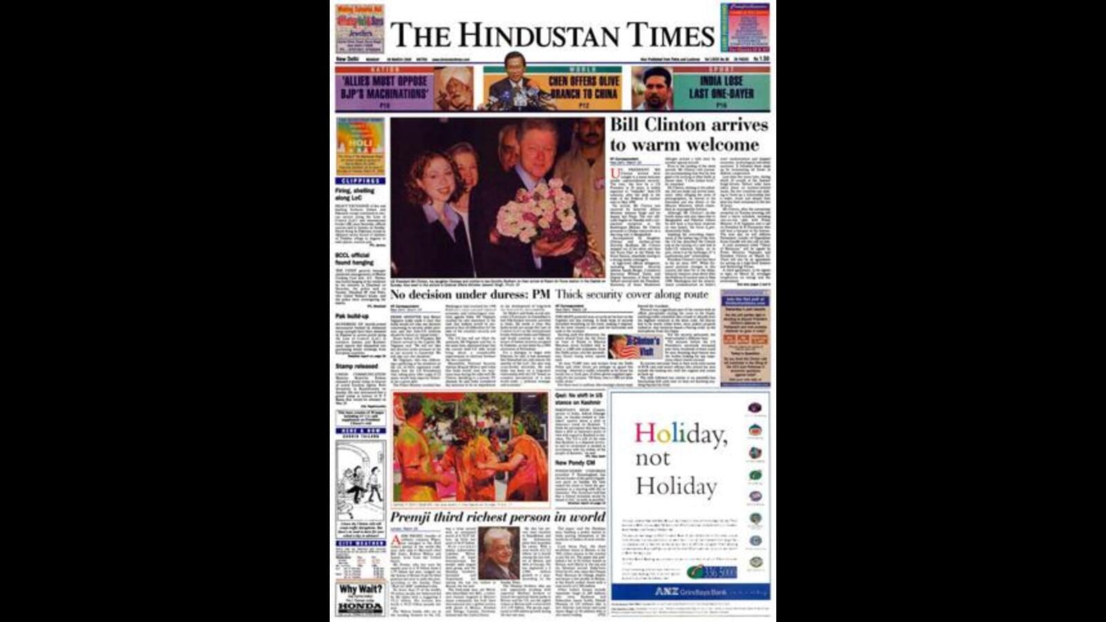 HT This Day: March 20, 2000 -- Bill Clinton arrives to warm welcome ...