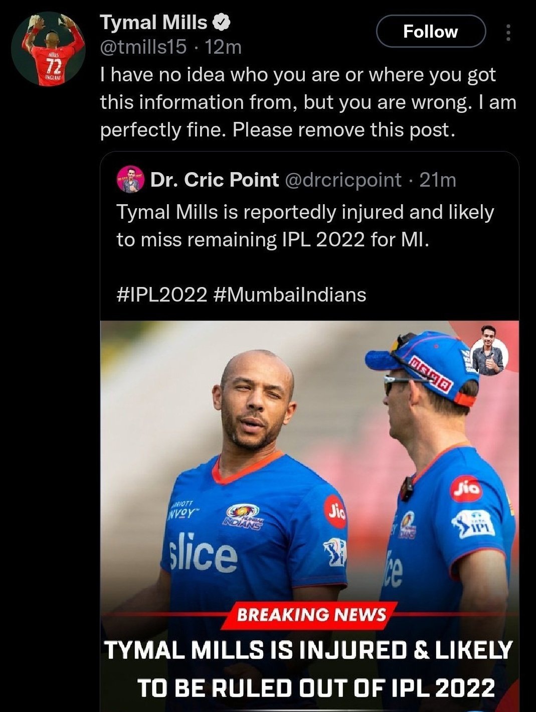 Mumbai Indians pacer Tymal Mills says he is fit, later deletes tweet ...