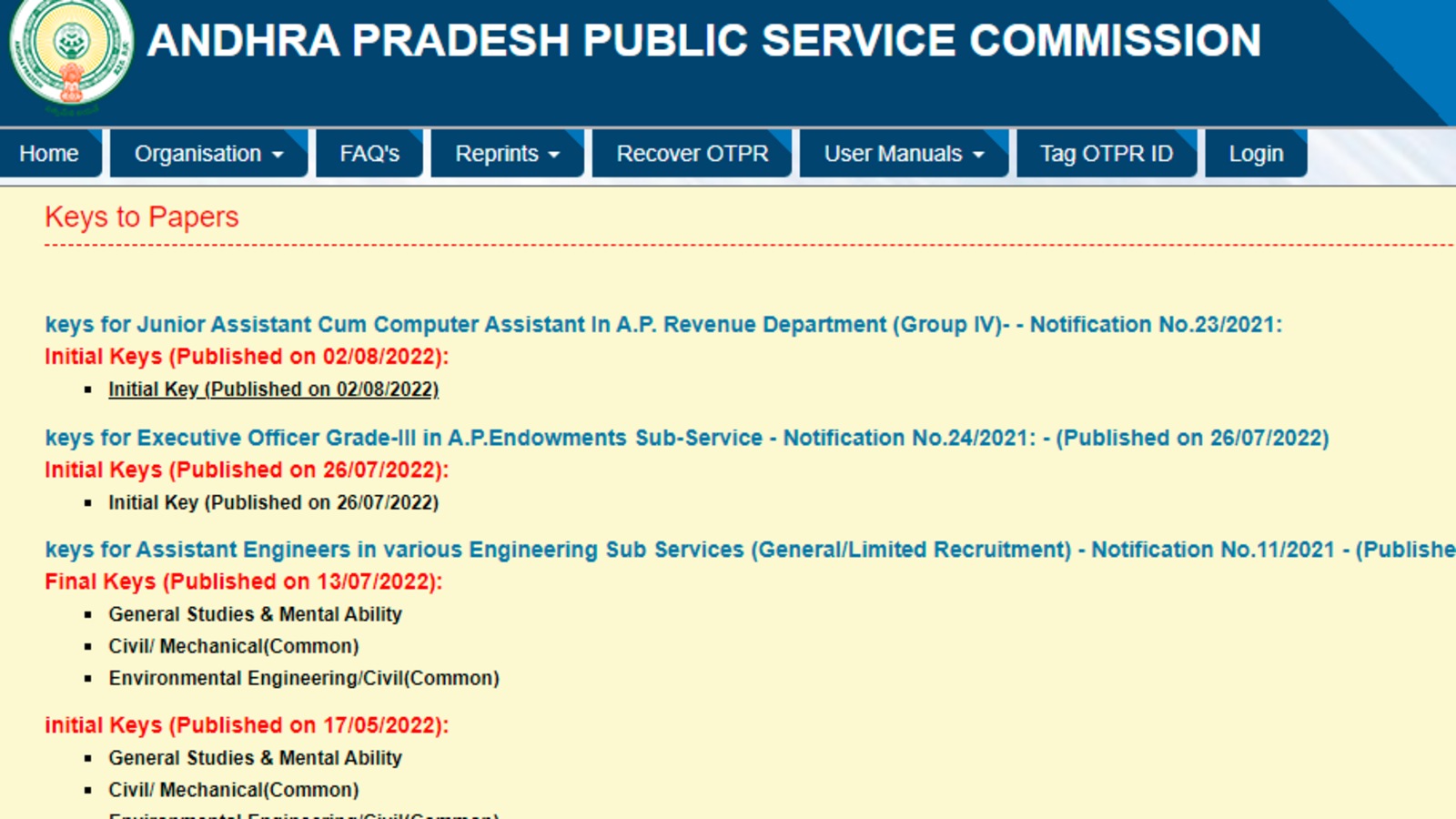 APPSC Answer Key 2022 For Junior Assistant Cum Computer Assistant Exam