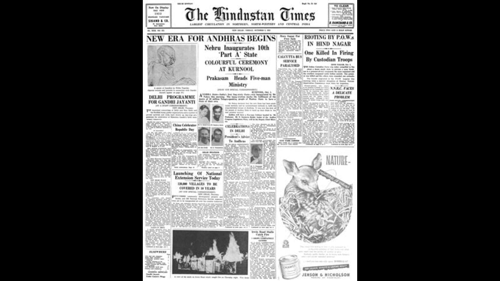 HT This Day: October 2, 1953 -- New era for Andhras begins | India News