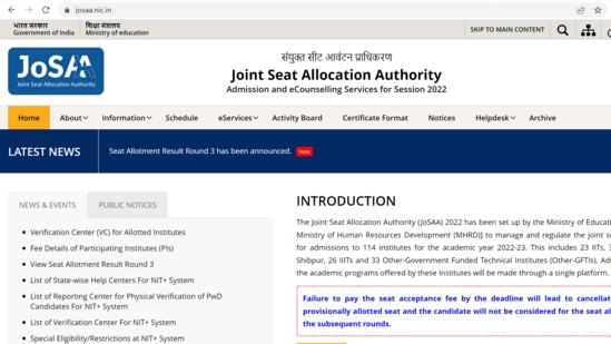 JoSAA Counselling 2022 round 3 seat allotment result announced, direct link | Hindustan Times