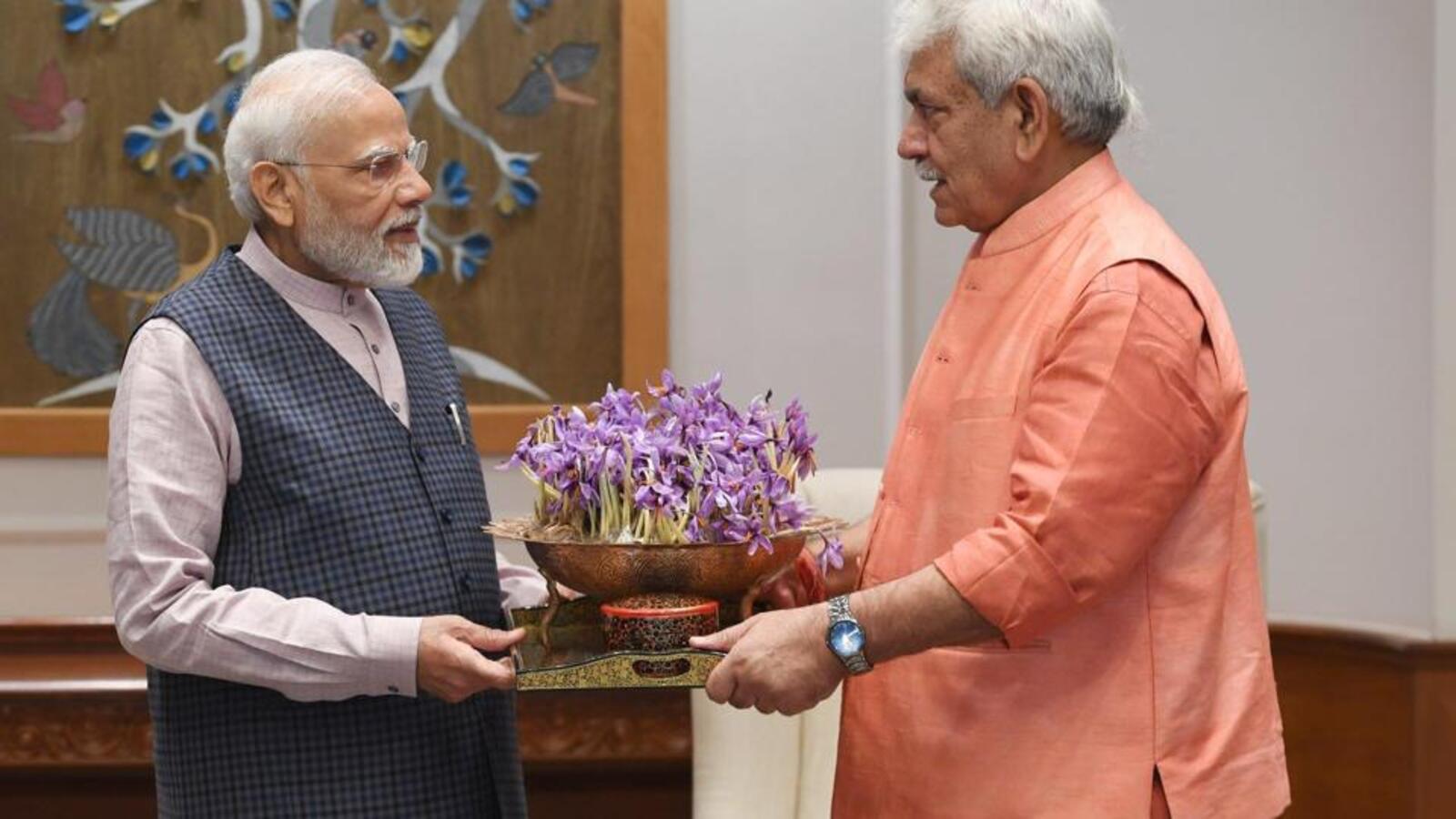 LG Manoj Sinha gifts Kashmir’s ‘golden crop’ saffron flowers to PM Modi ...