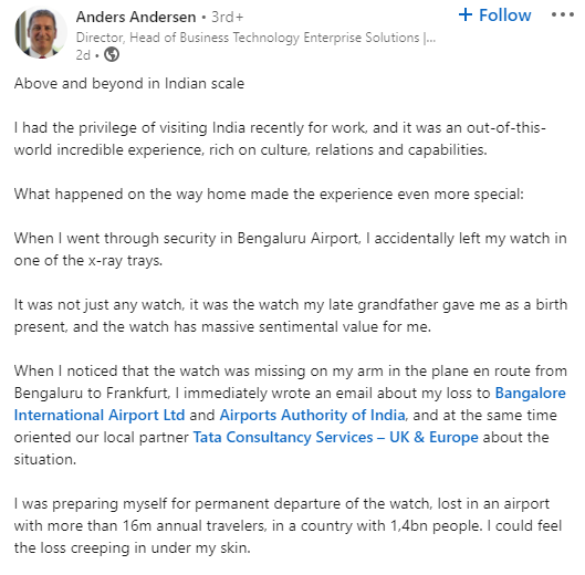 Bengaluru Airport helps man find his lost watch, he shares a heartening ...