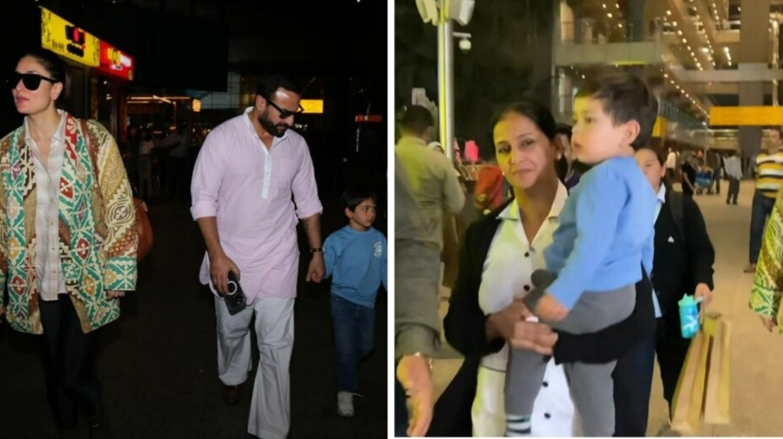 Taimur holds Saif Ali Khan's hand as they arrive at Mumbai with Kareena Kapoor and Jeh after ...