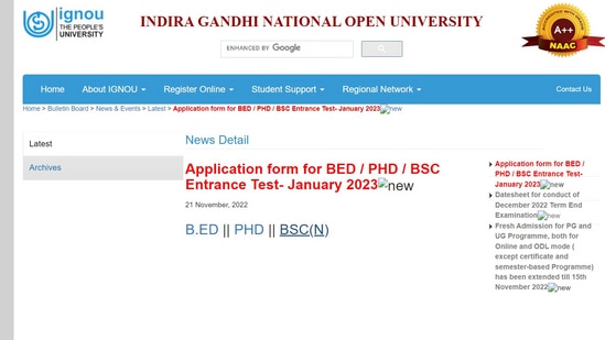 IGNOU 2022: Register for BED/PHD/BSC (N) Entrance Test till December 20 ...