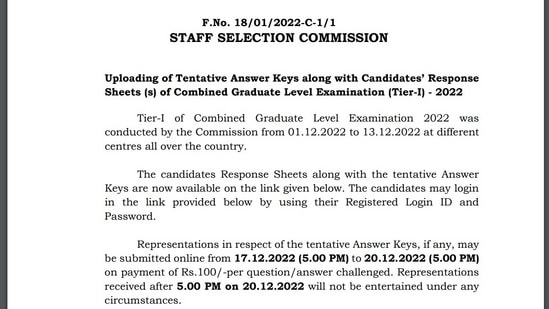 SSC CGL Tier 1 2022 answer key released at ssc.nic.in, direct link here | Hindustan Times