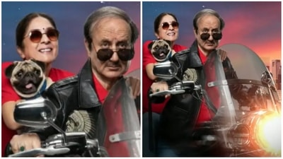 Anupam Kher rides a bike, Neena Gupta rides pillion with dog in arms in ...