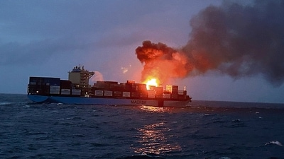 Cargo ship catches fire off Goa coast; 1 died, explosions heard ...