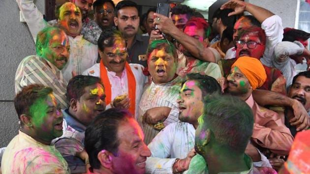 In Madhya Pradesh, BJP workers play Holi at party office, say ‘Diwali ...