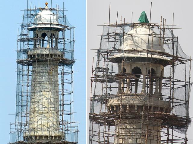 Taj Mahal minaret pinnacle falls during repair work? | India News