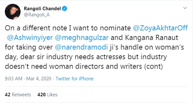 After slamming Gully Boy and Raazi, Rangoli Chandel showers praise on ...