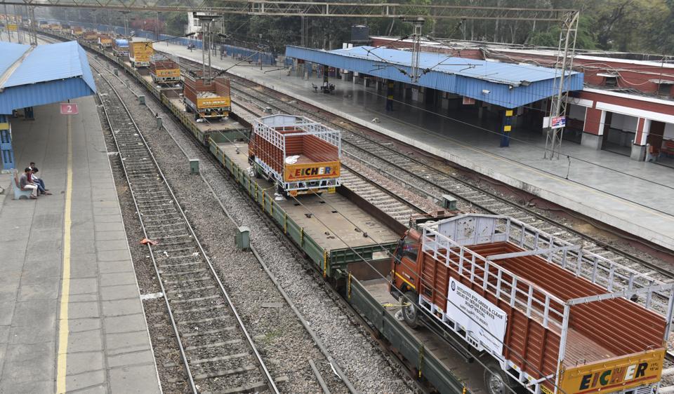 RO-RO train mounted with trucks chugs off for a pilot run from Gurgaon ...