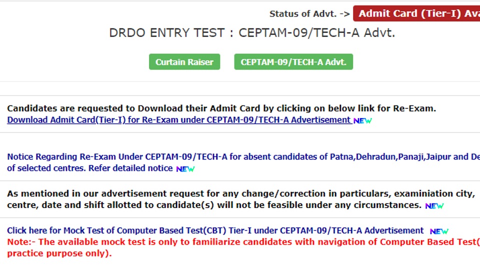 DRDO CEPTAM 2019: Admit Card for Technician Re-Exam released, here’s ...