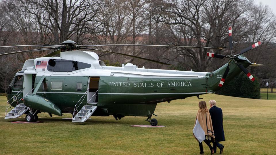President Donald Trump’s official chopper ‘Marine One’ lands in ...