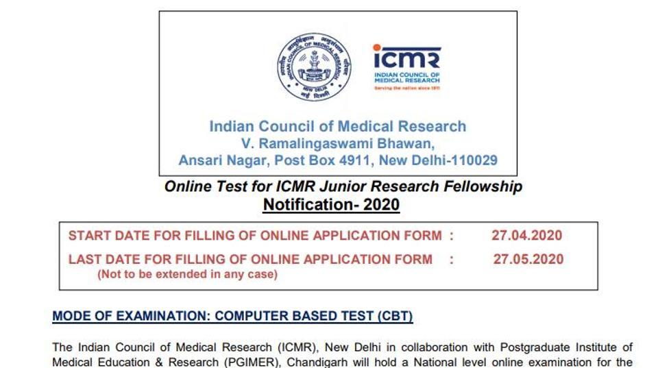 ICMR JRF 2020 official notification released at icmr.nic.in - Hindustan ...