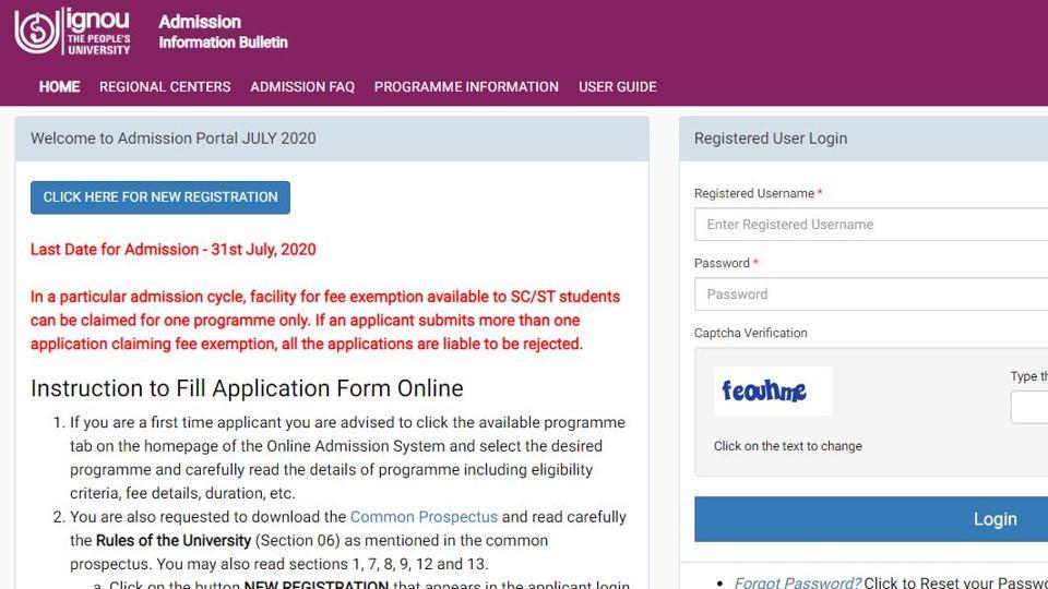 IGNOU Admission 2020: Registration for July 2020 session courses begins ...