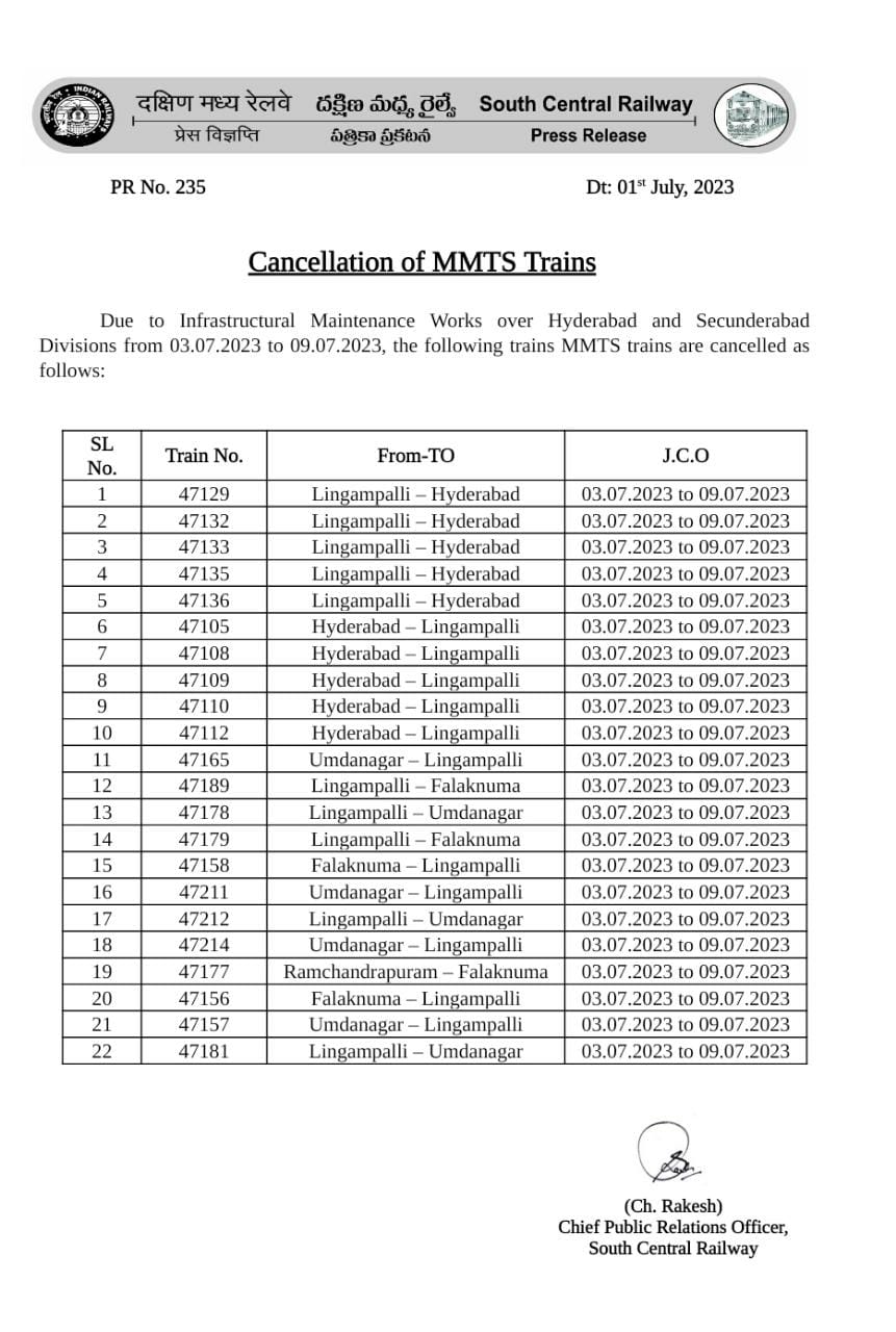 MMTS Trains : అలర్ట్... వారం పాటు ఈ 22 ఎంఎంటీఎస్‌ రైళ్లు రద్దు - రూట్లు ...